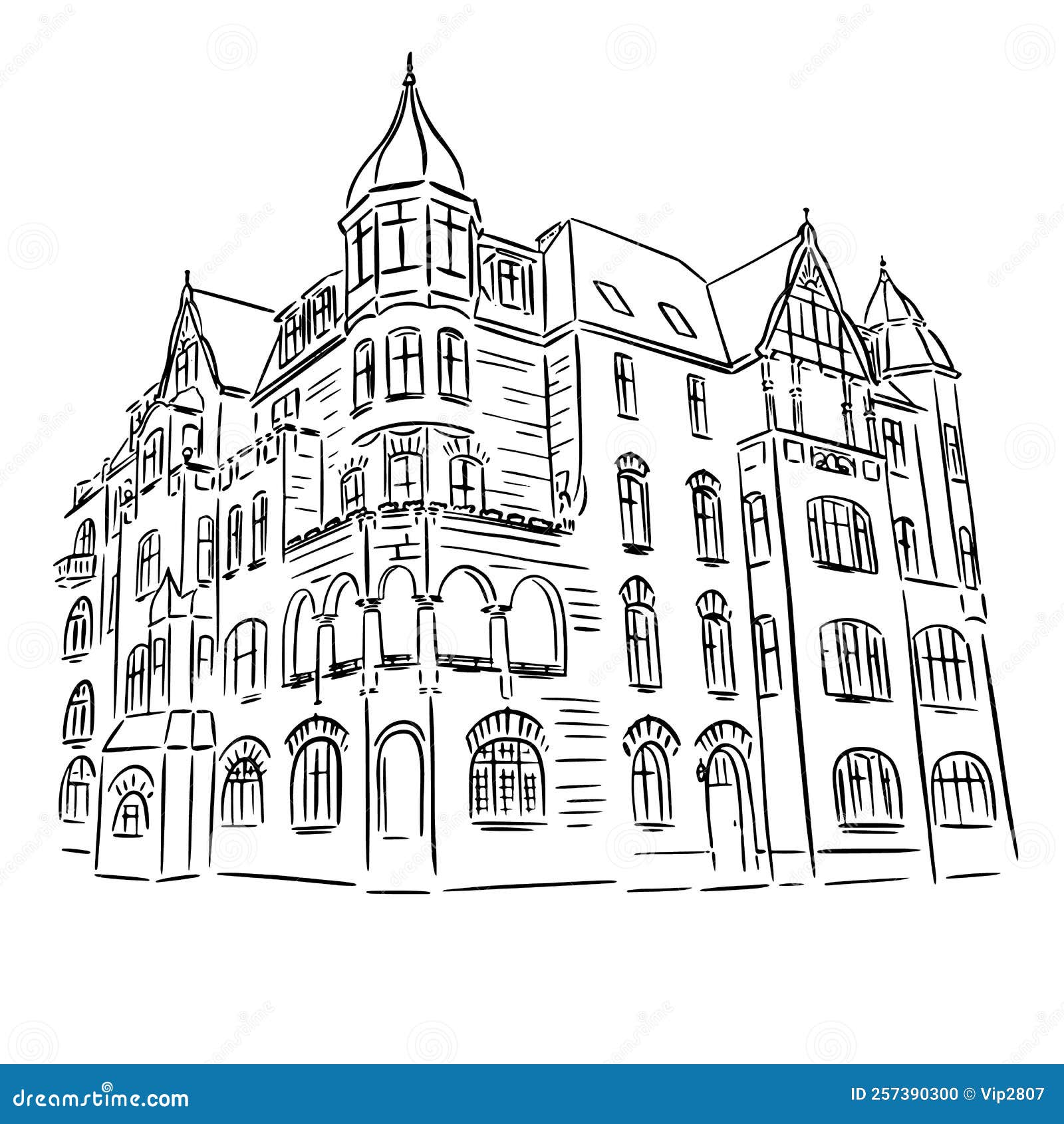 An Old Building Drawn in Perspective. Linear Illustration Stock Vector ...