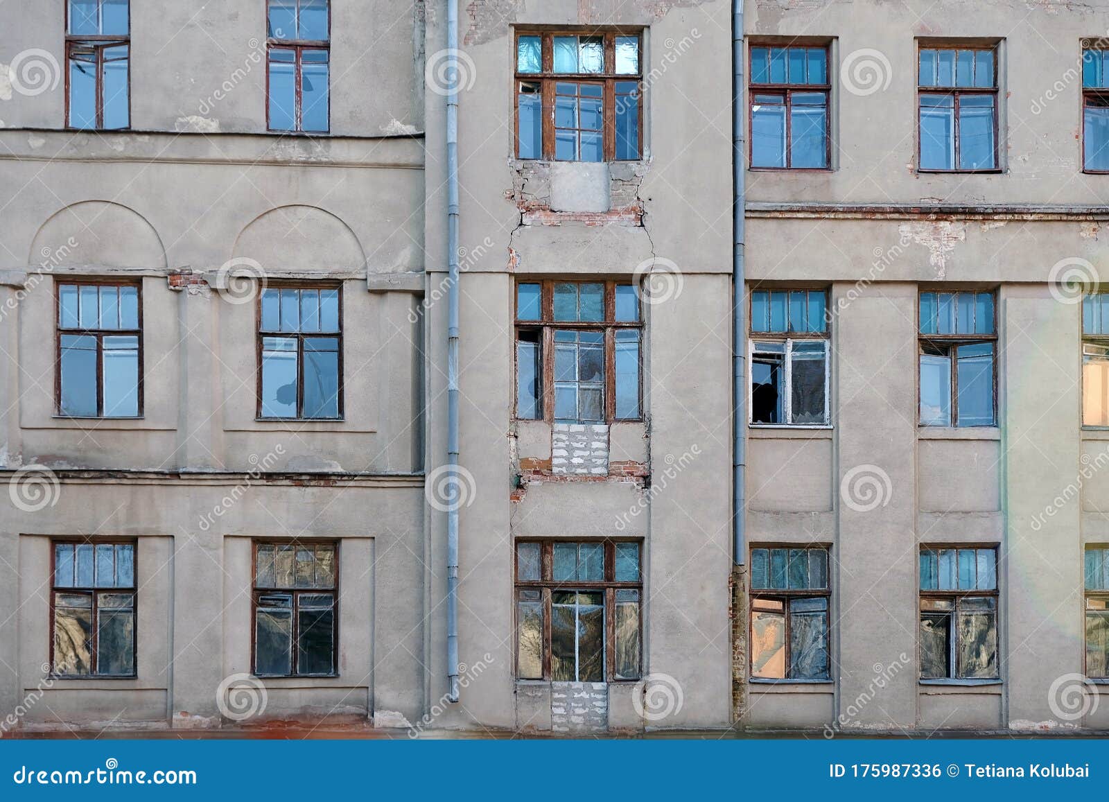 Old Building Facade with Broken Windows. Stock Photo - Image of ...