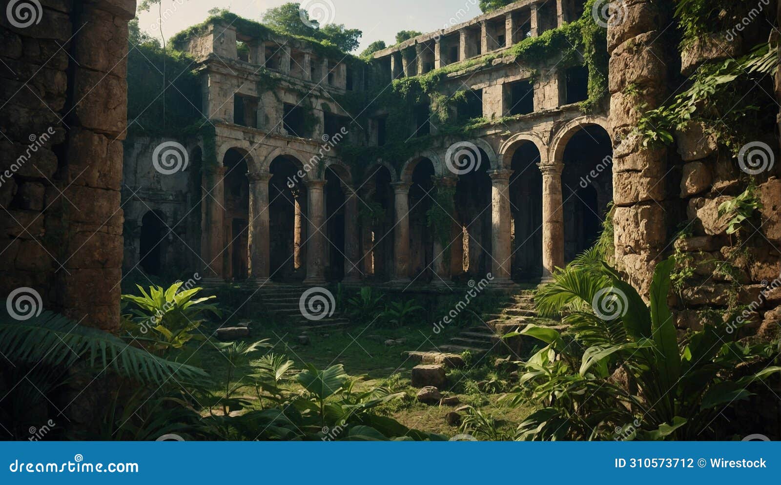 An Old Building with a Stone Column Near Stairs and Trees Stock ...