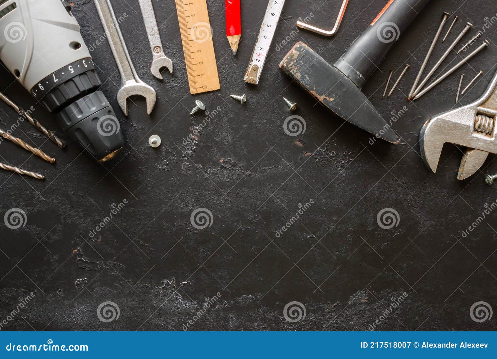 Old Building Tools on a Black Background with Space for Text Stock ...