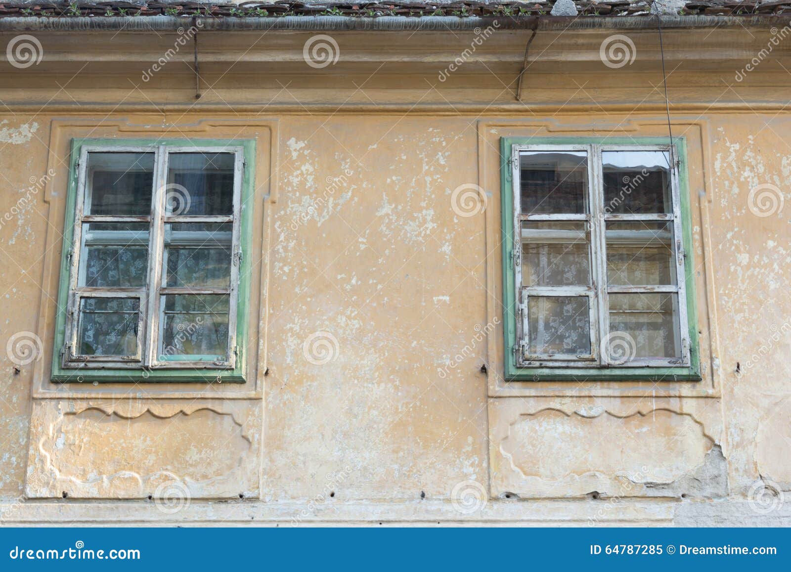 Old Building with Windows in Decay Stock Image - Image of curtain ...