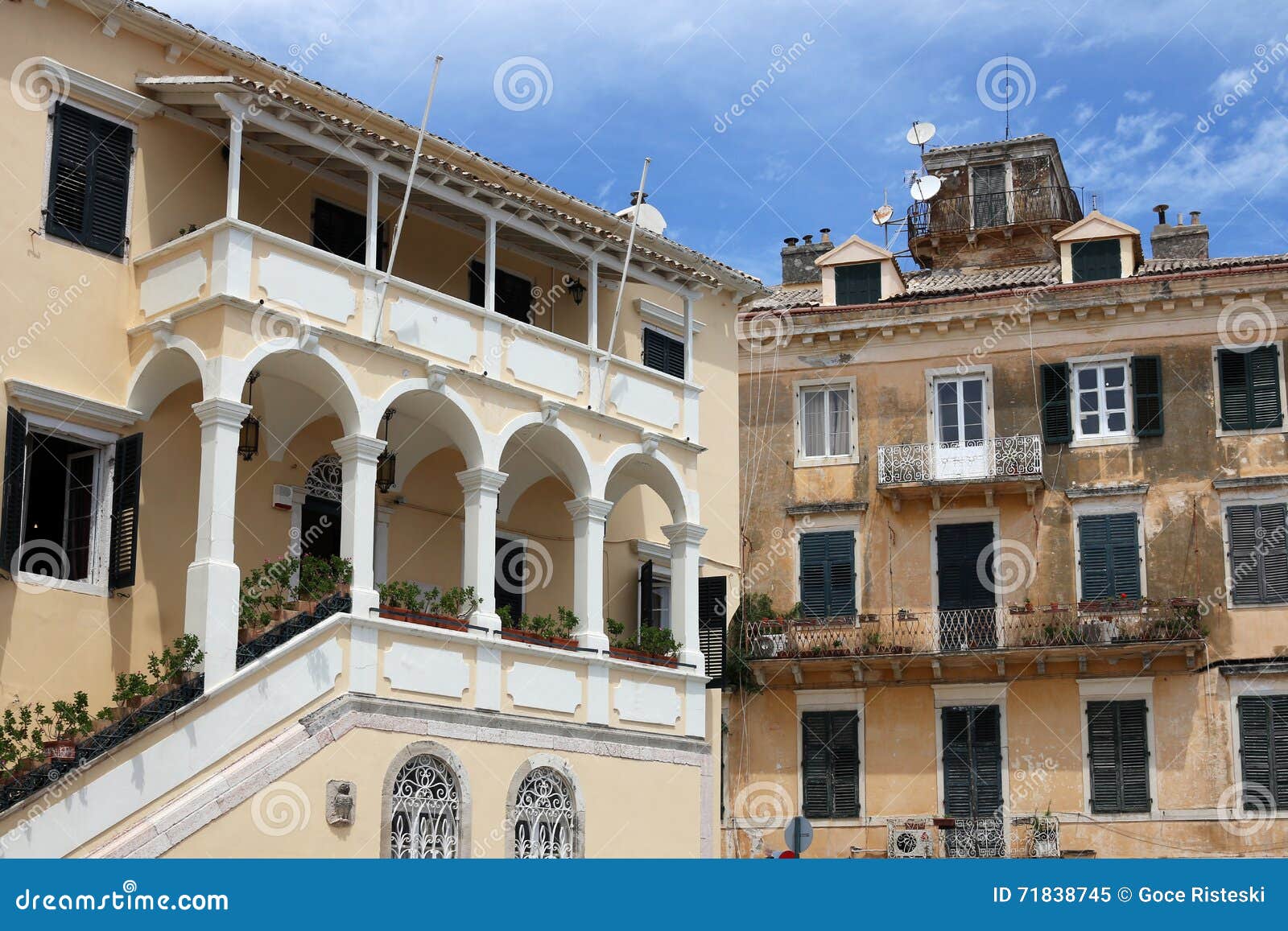 Old buildings Corfu town stock image. Image of mediterranean - 71838745