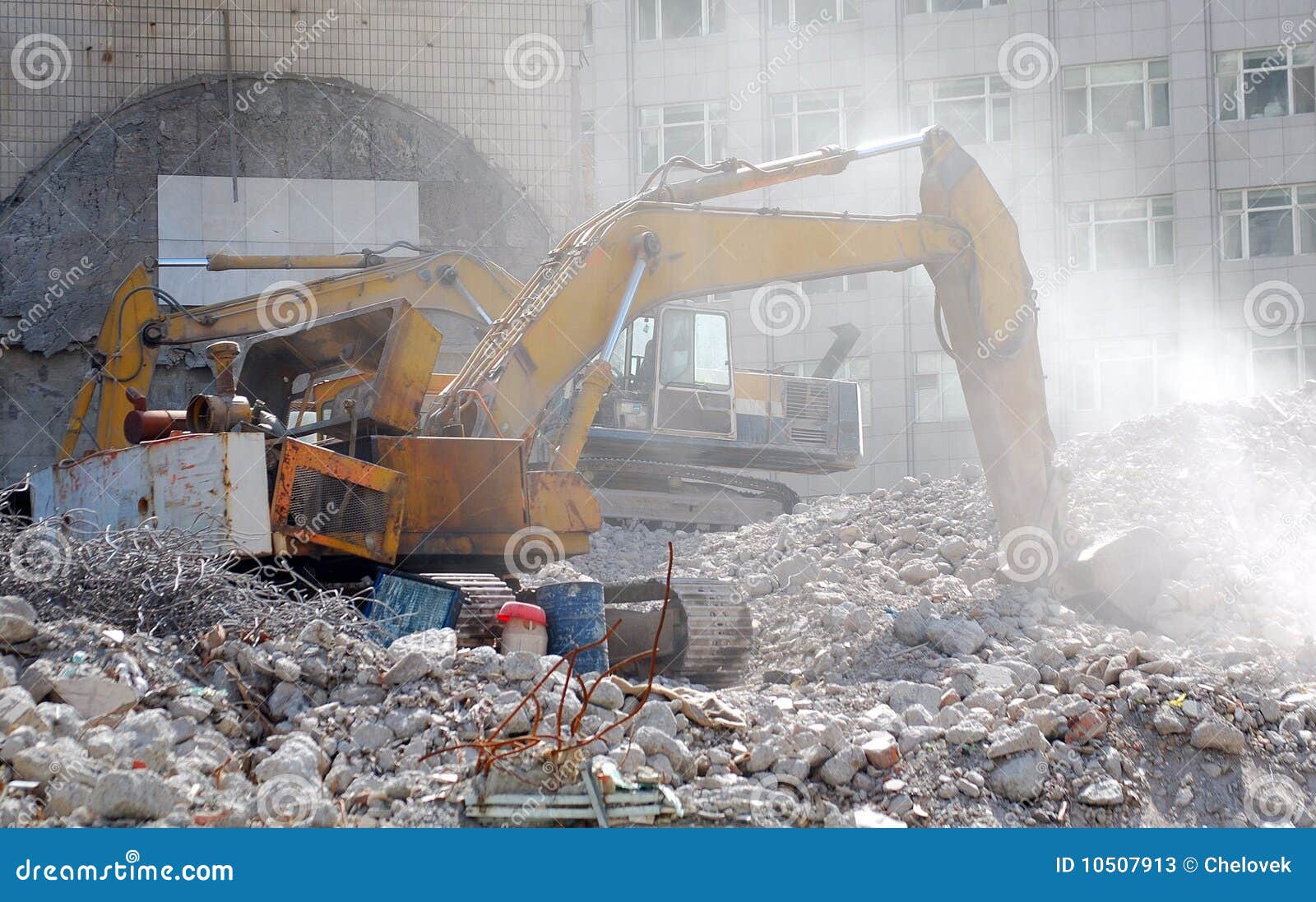 Old Bulldozer. Destroyed Building. Stock Image - Image of heavy ...