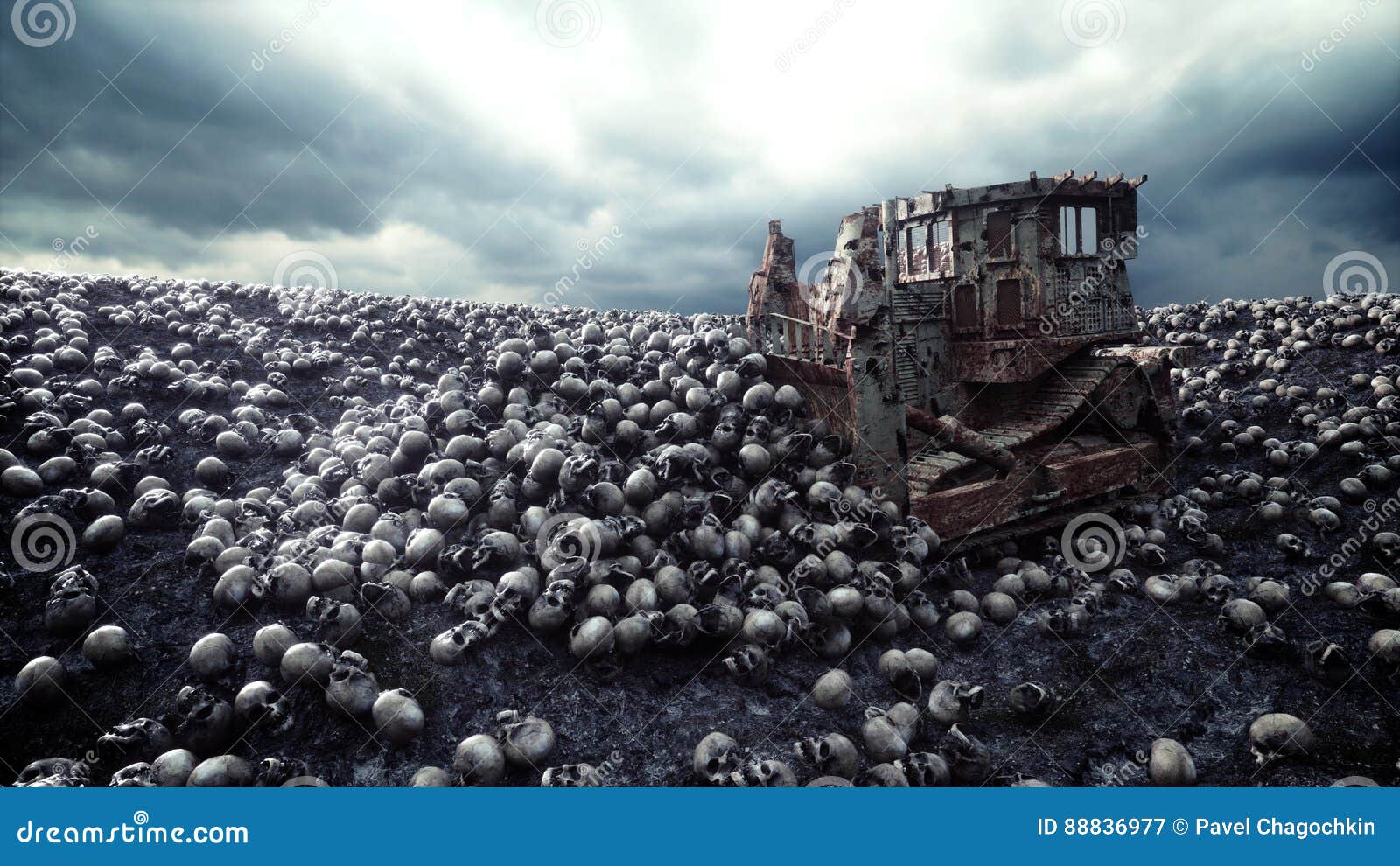 Old Bulldozer and Pile of Skulls. Apocalypse and Hell Concept. 3d ...