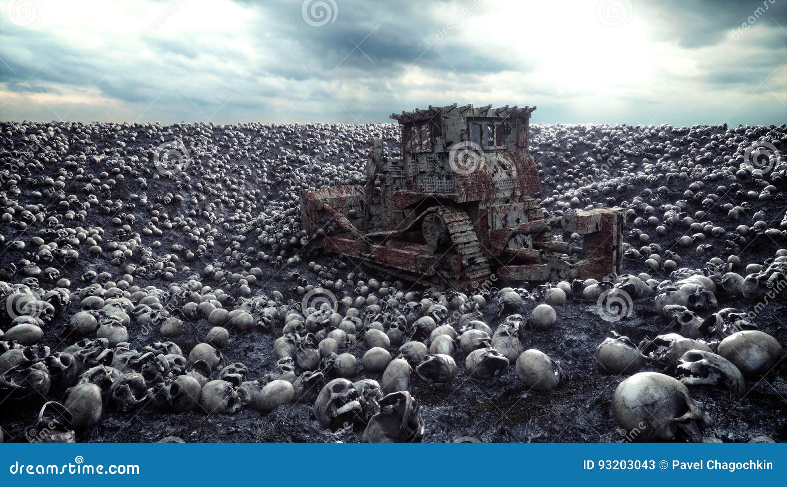 Old Bulldozer and Pile of Skulls. Apocalypse and Hell Concept. 3d ...