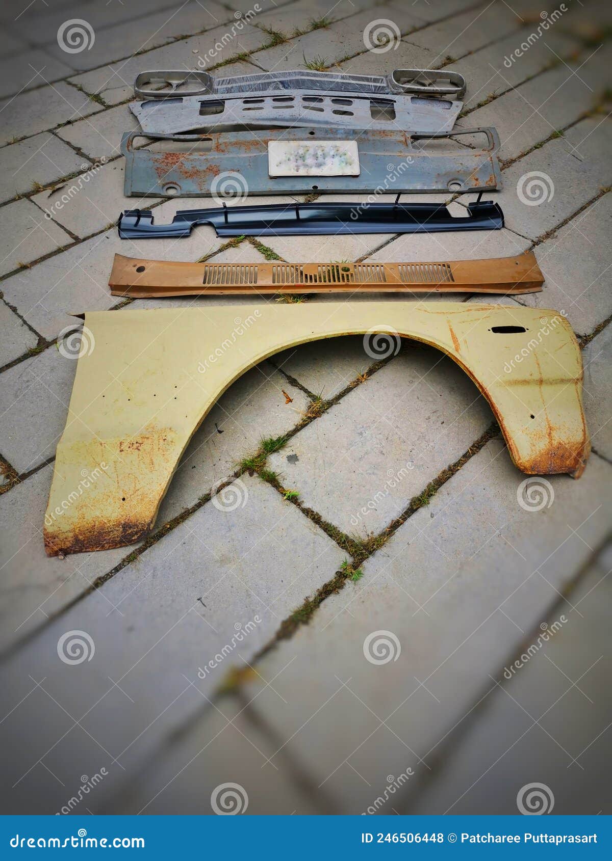 The Old Bumpers of Various Old Cars are Lined Up on the Ground. Stock ...