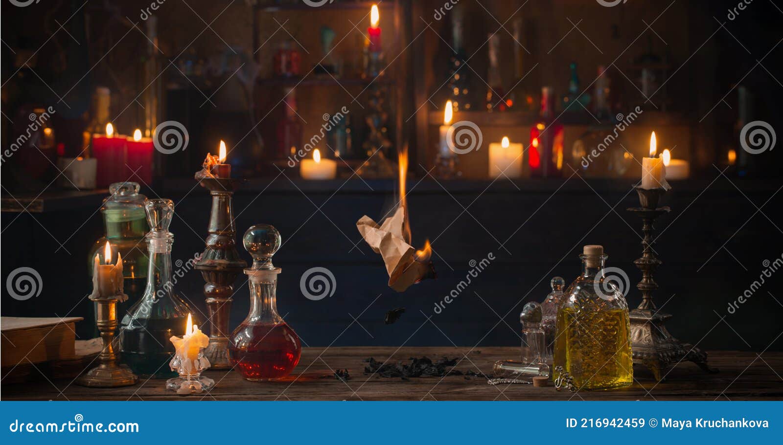 Burning Paper with Potions on Old Wooden Table Stock Image - Image of ...