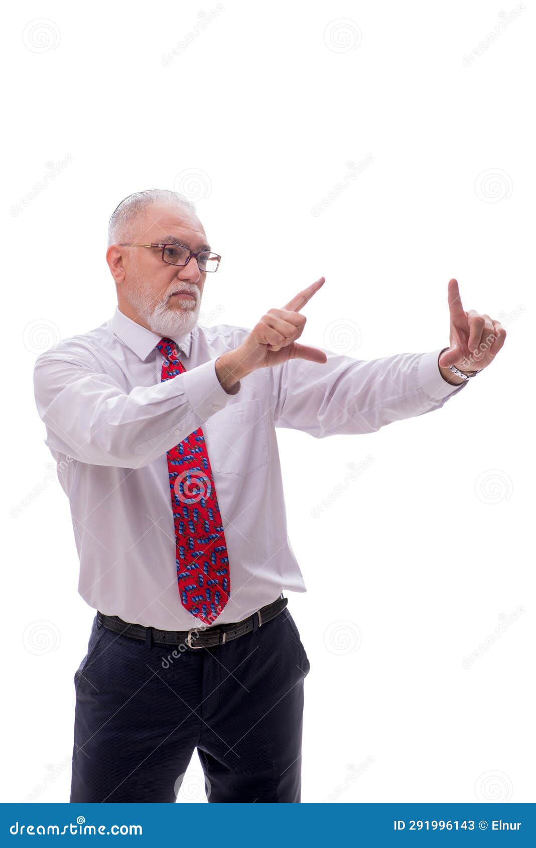 Old Businessman Pressing Virtual Button Isolated on White Stock Image ...