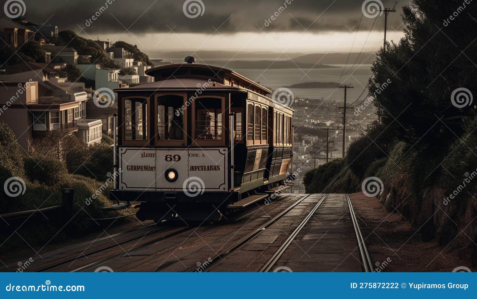 Old Cable Car Travels through City Skyline Generated by AI Stock ...