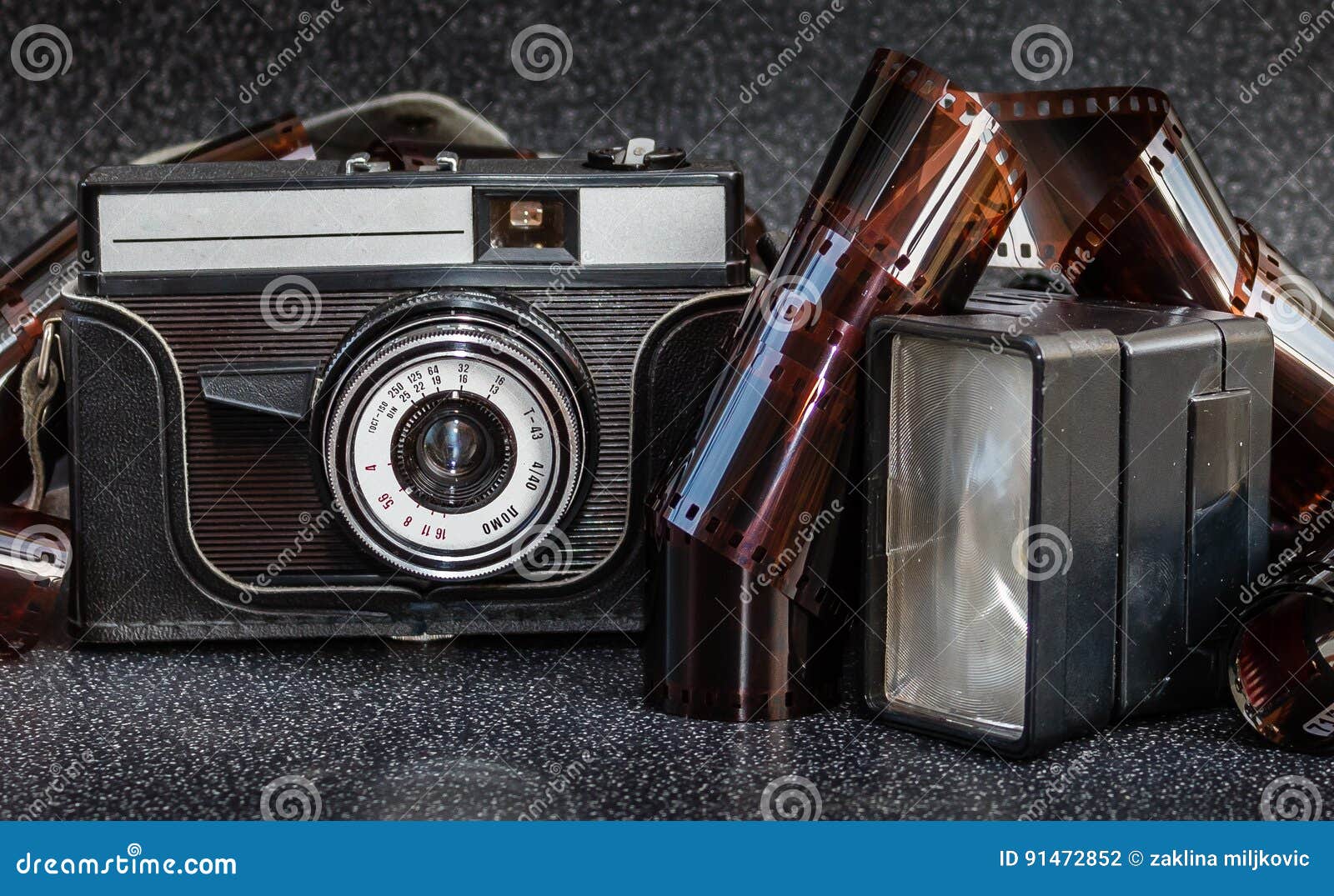 An Old Camera,flash and Film Tape Stock Photo - Image of tapes, object ...