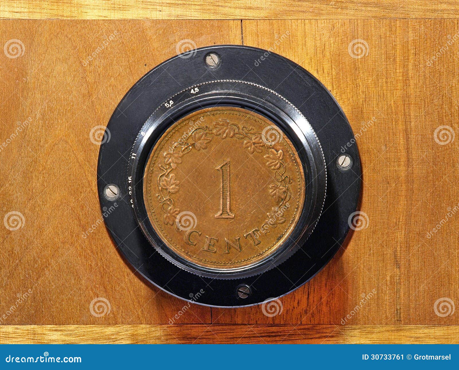 Old Camera Lens with One Cent Coin Inside. Stock Image - Image of ...