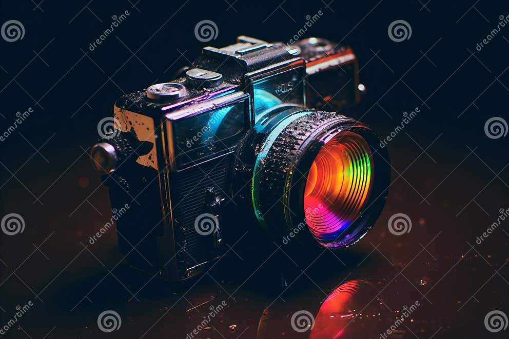 An Old Camera with a Rainbow Colored Lens Stock Illustration ...