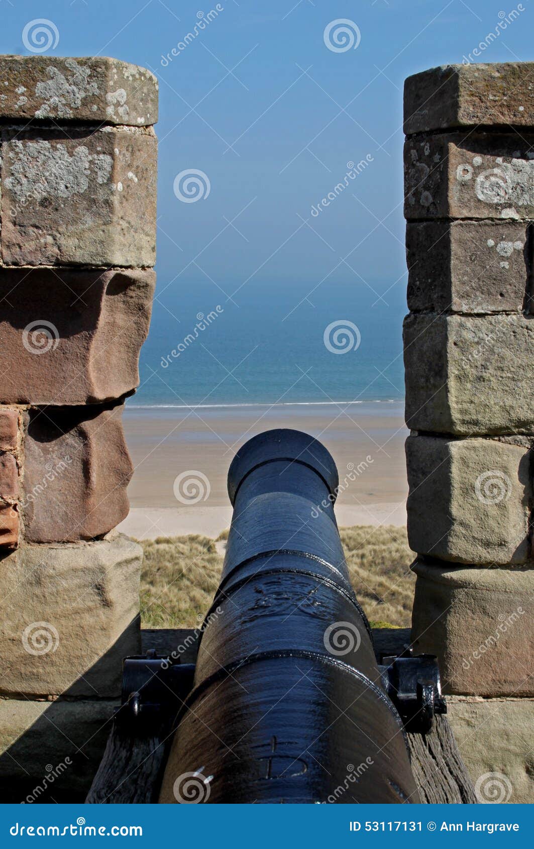 Old Cannon Looking Over Beach, Northumberland. Stock Image - Image of ...