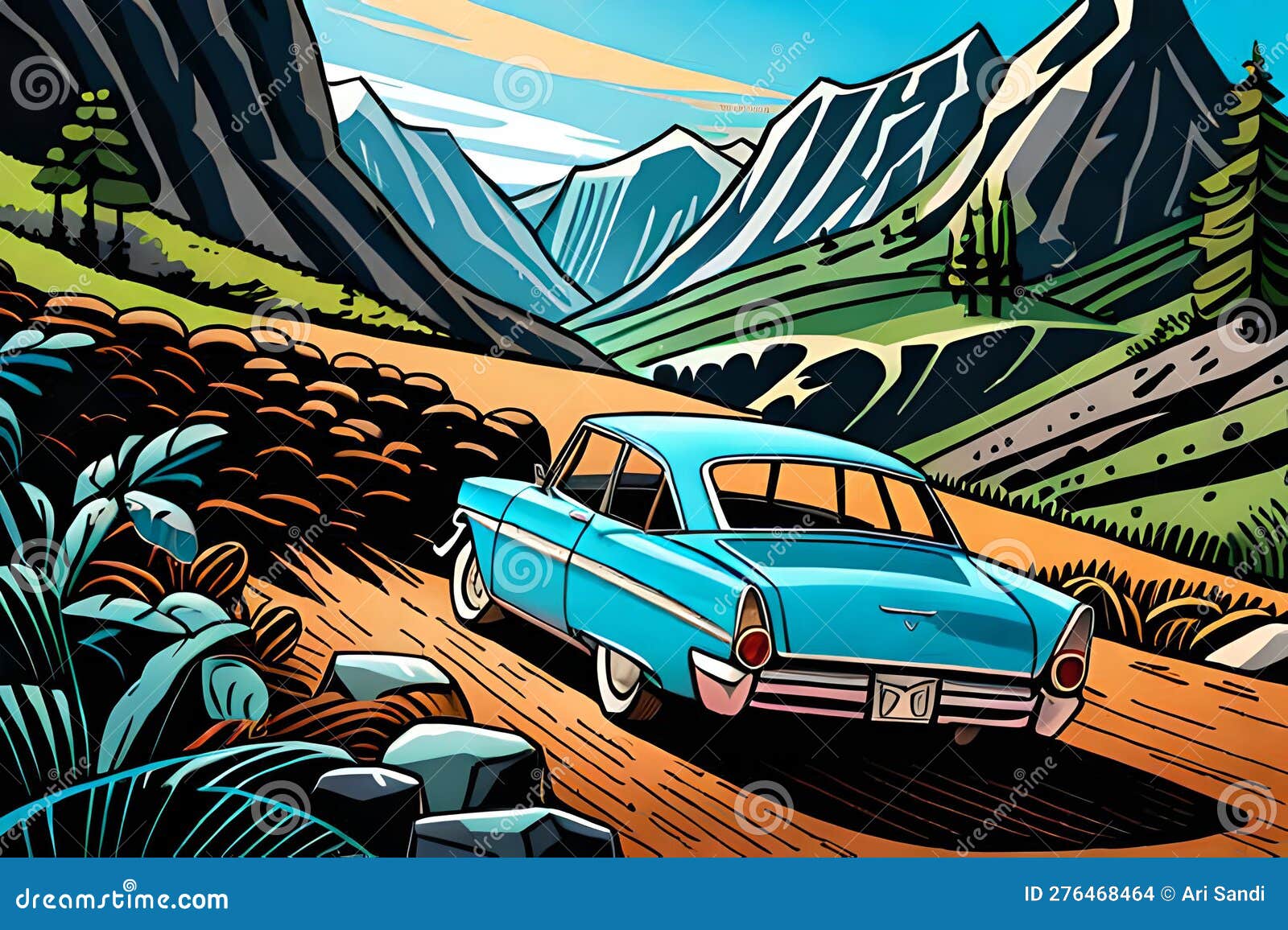 Old Car Blue Color in a Field with Mountain View. Comic Style ...