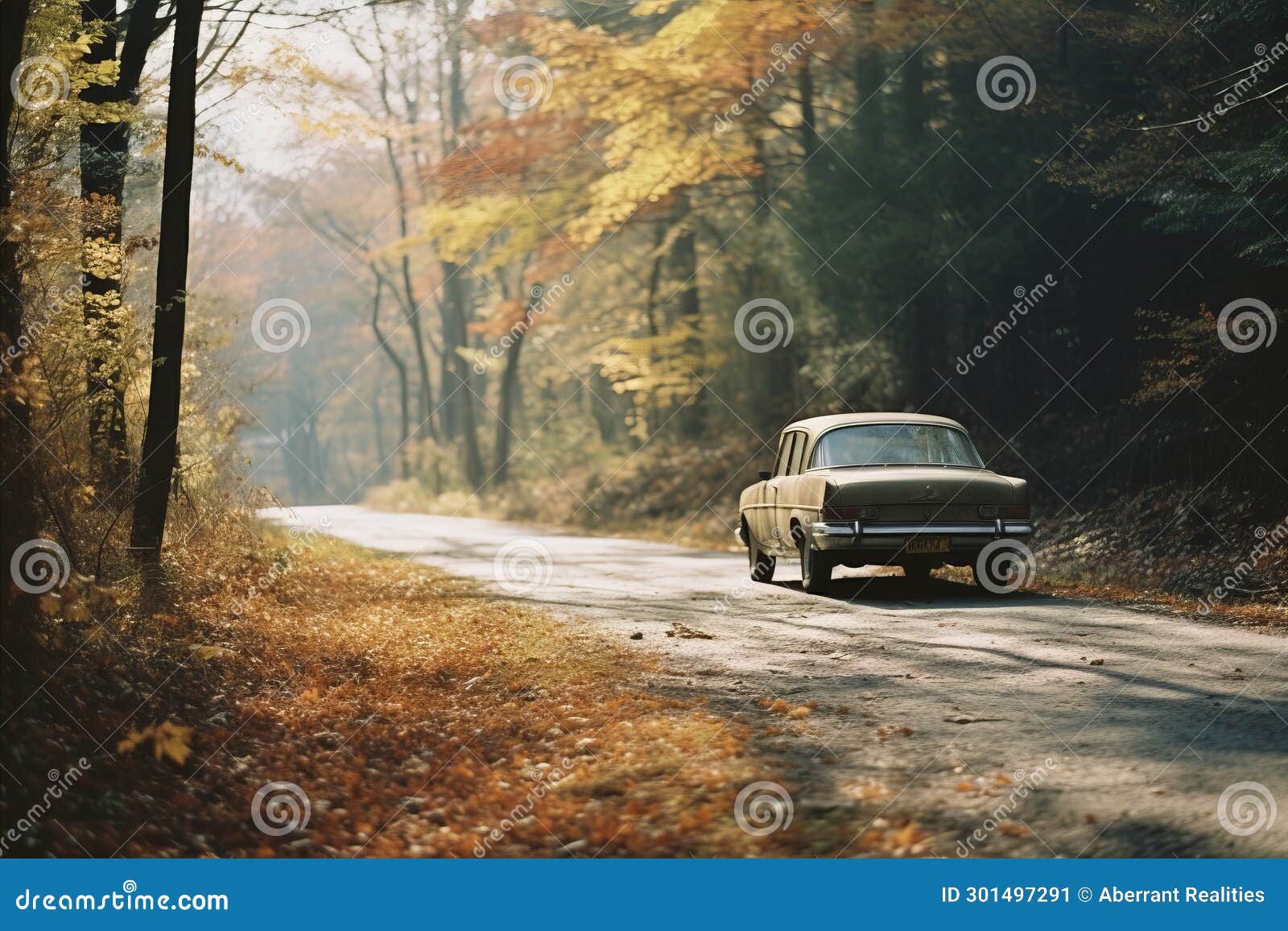 An Old Car Driving Down a Country Road in the Fall Stock Illustration ...