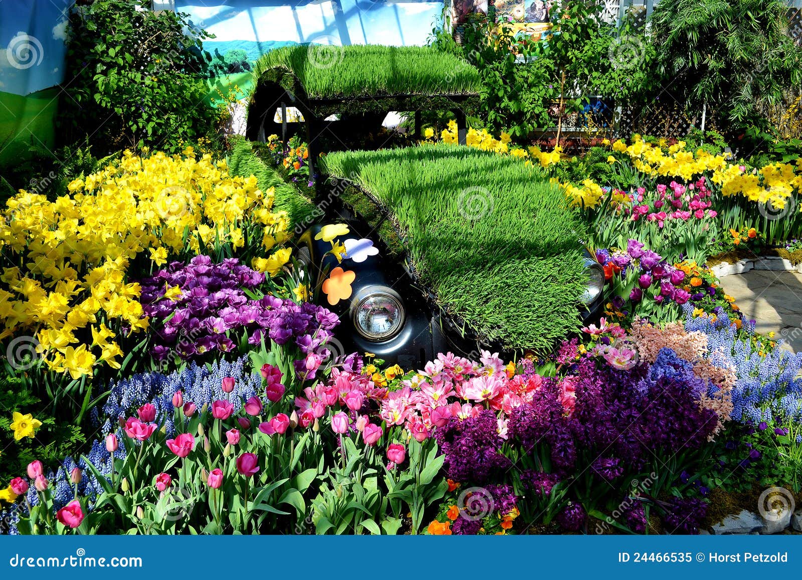 Old car in flower show. stock image. Image of blossoming - 24466535