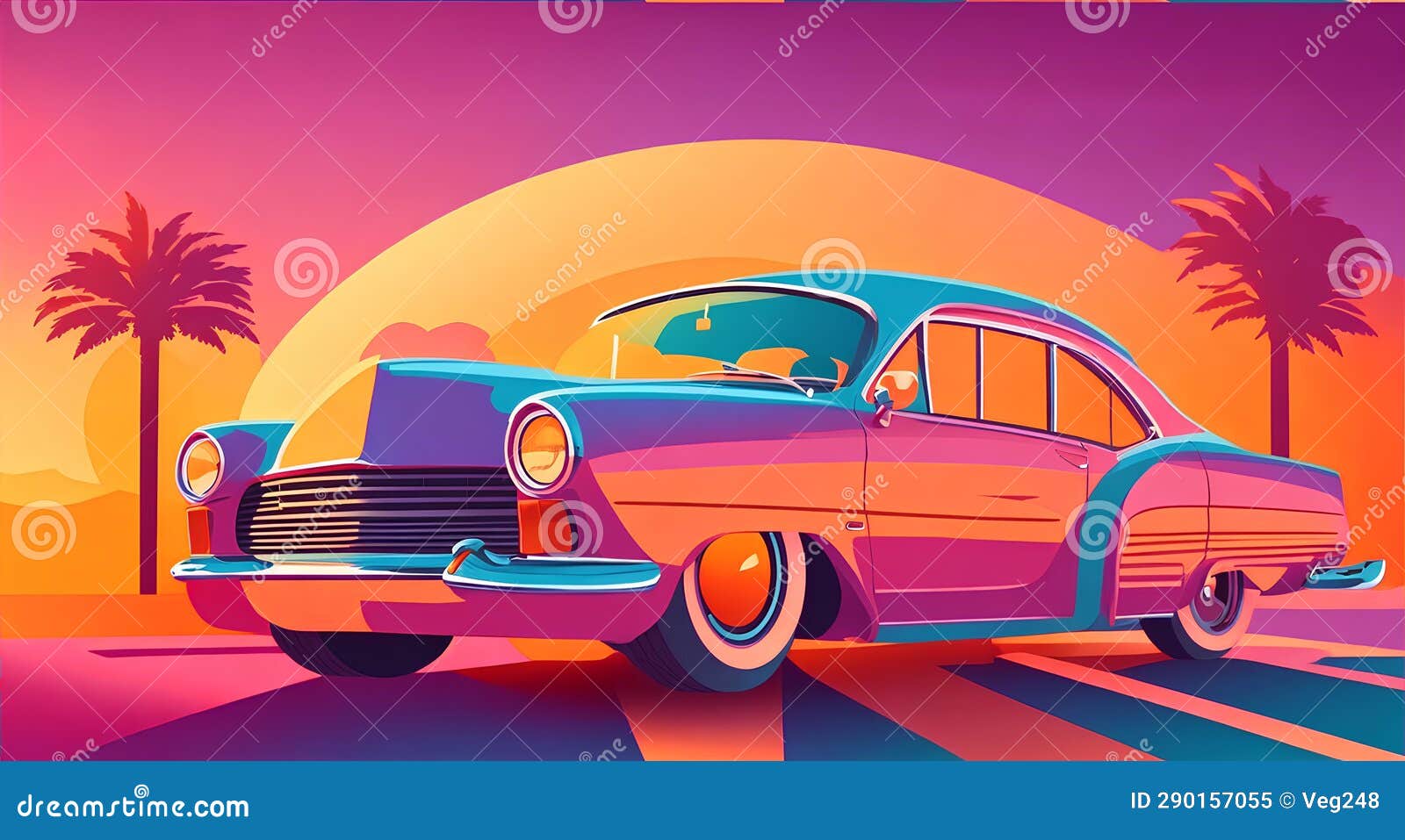 Old Car on the Road. Vector Style Stock Illustration - Illustration of ...