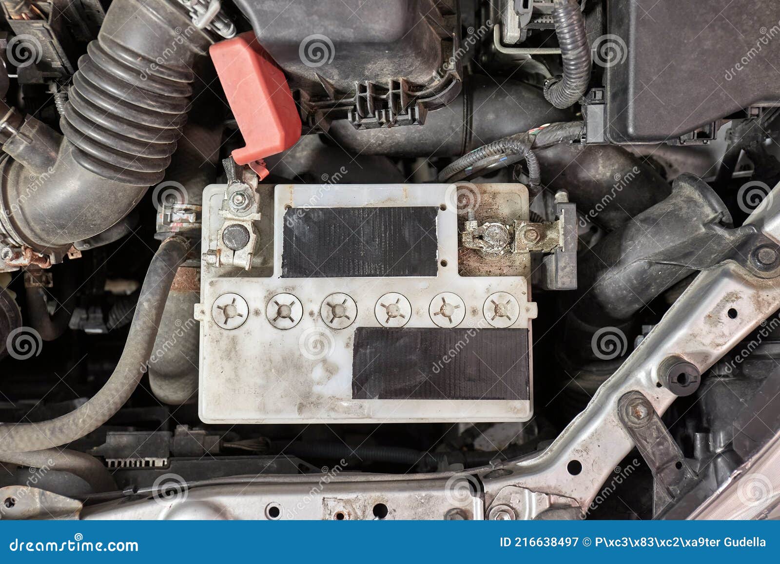 Old Starter Battery in a Car Stock Image - Image of energy, engine ...