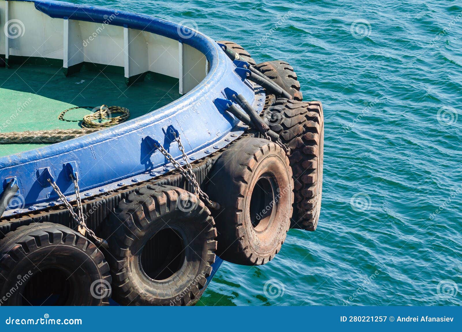 Old Car Tires As a Bumper on the Bow of the Ship Stock Image - Image of ...