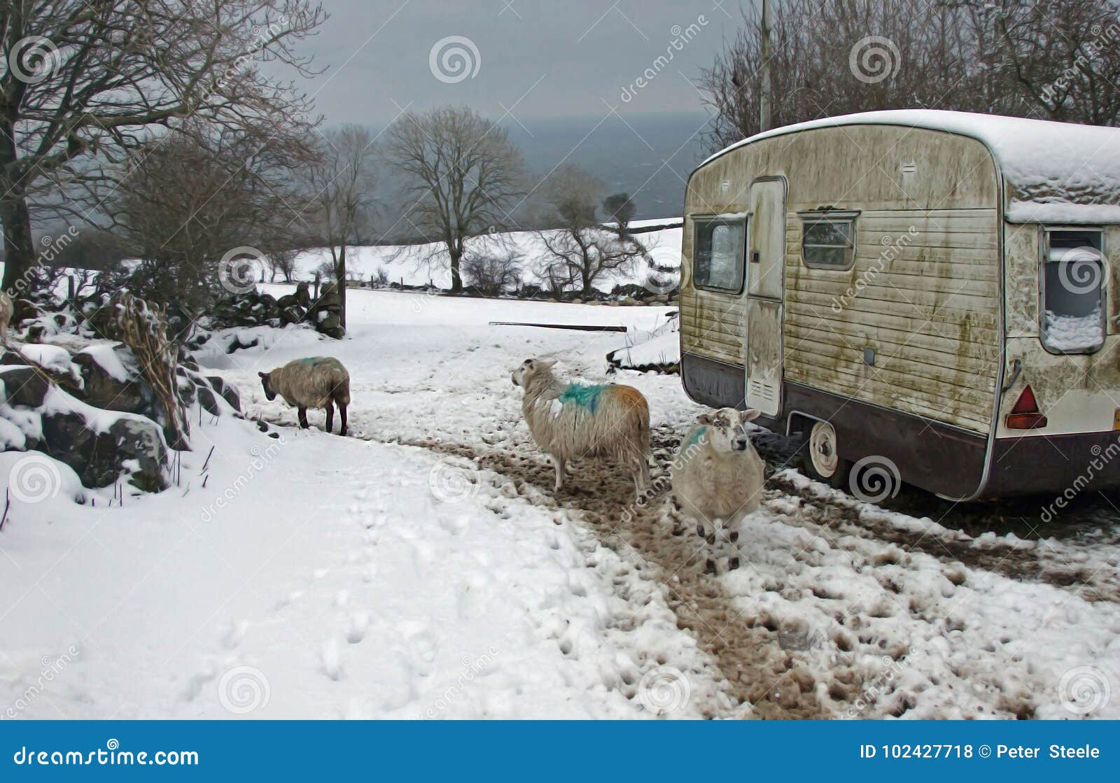 Old caravan with snow stock photo. Image of ireland - 102427718