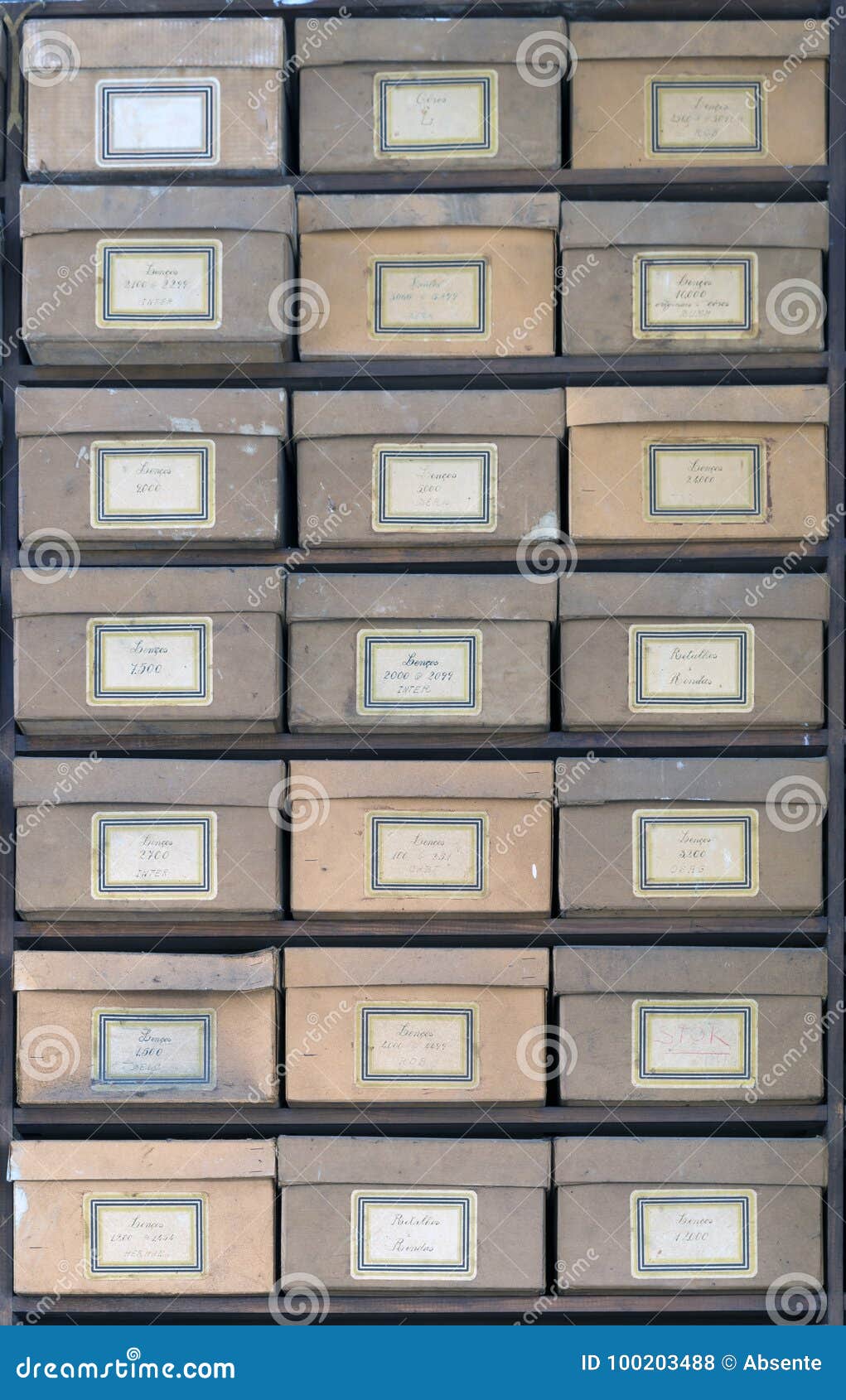 Old Cardboard Boxes Fill Shelves Stock Photo - Image of research ...