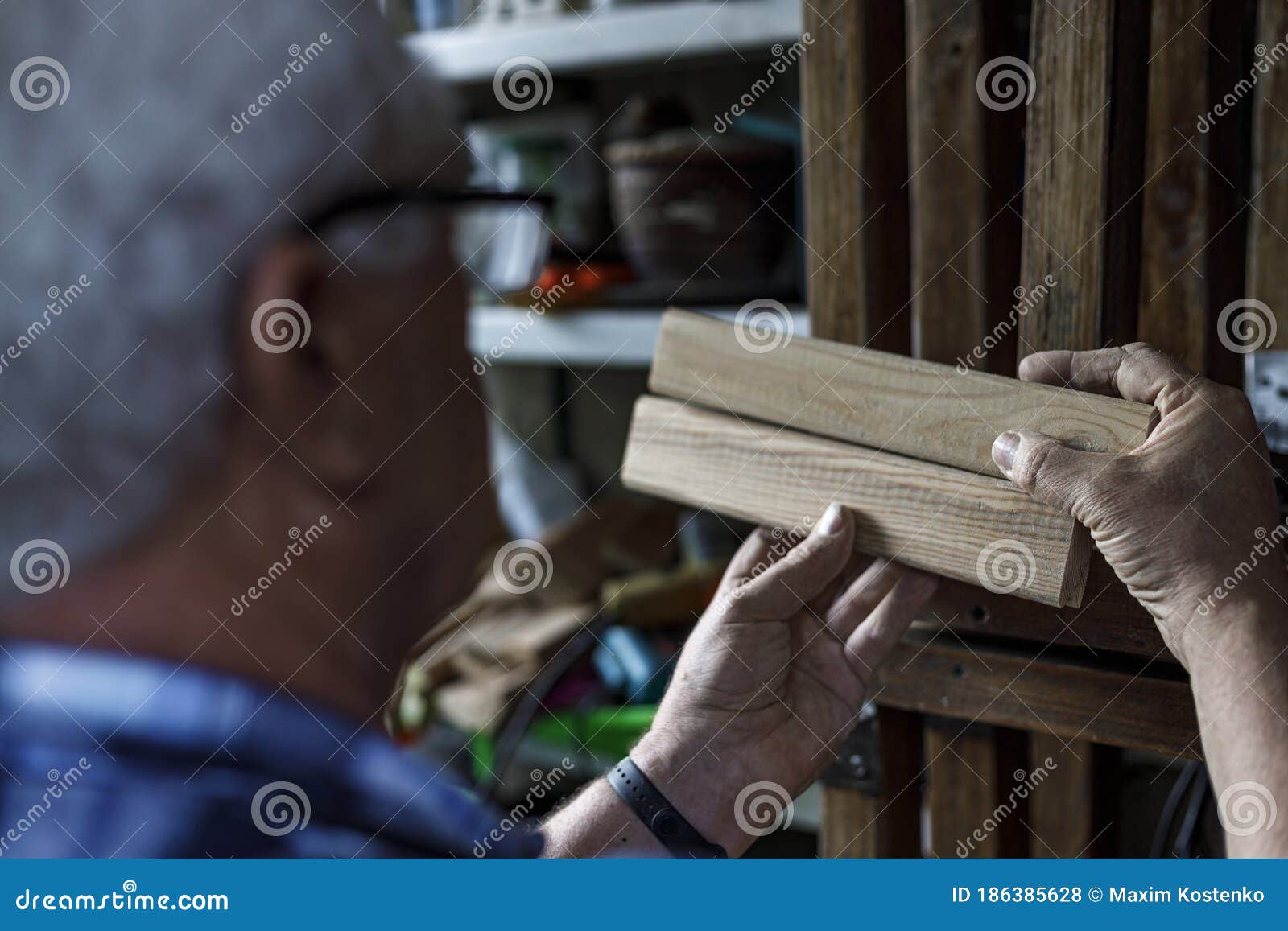 Old Carpenter Checking the Wood Planks Stock Photo - Image of looking ...