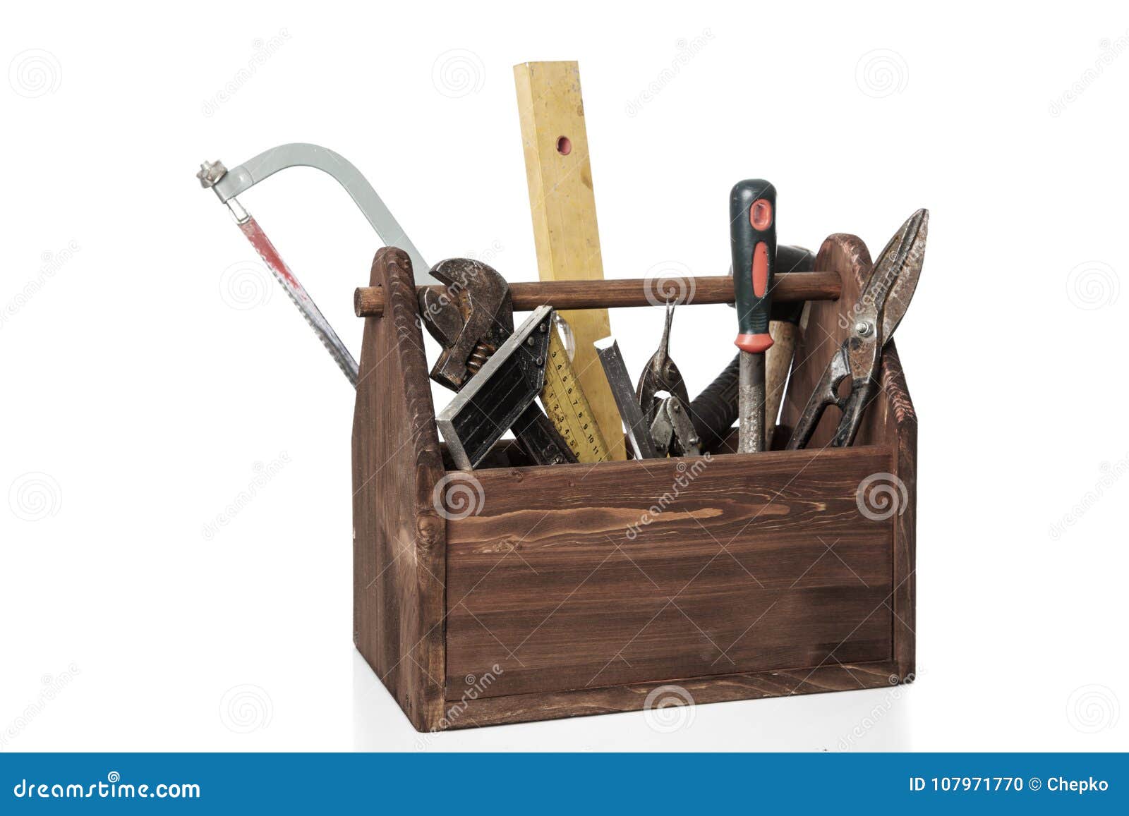 Old Carpenter Wooden Toolbox with Tools Isolated on White Stock Photo ... Old Carpenter Wooden Toolbox with Tools Isolated on White Stock Photo ...