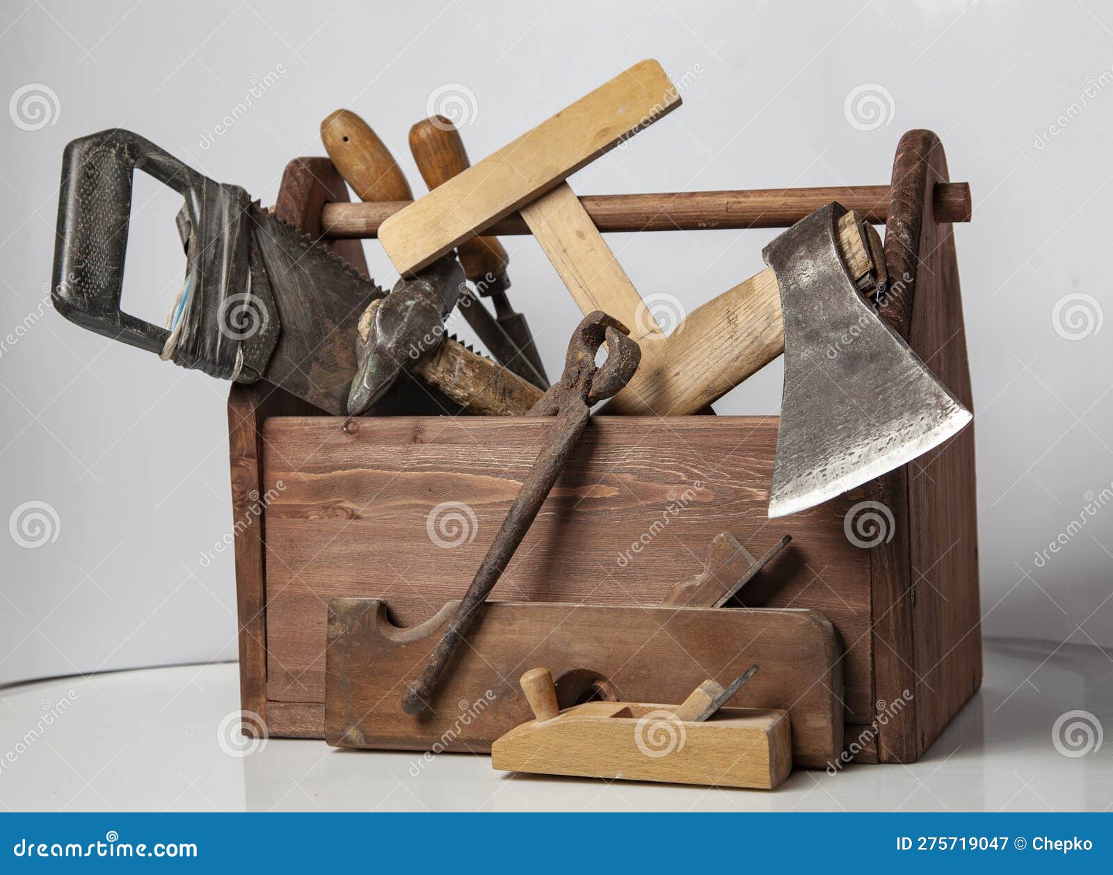 Old Carpenter Wooden Toolbox with Tools Isolated on White Stock Image ...