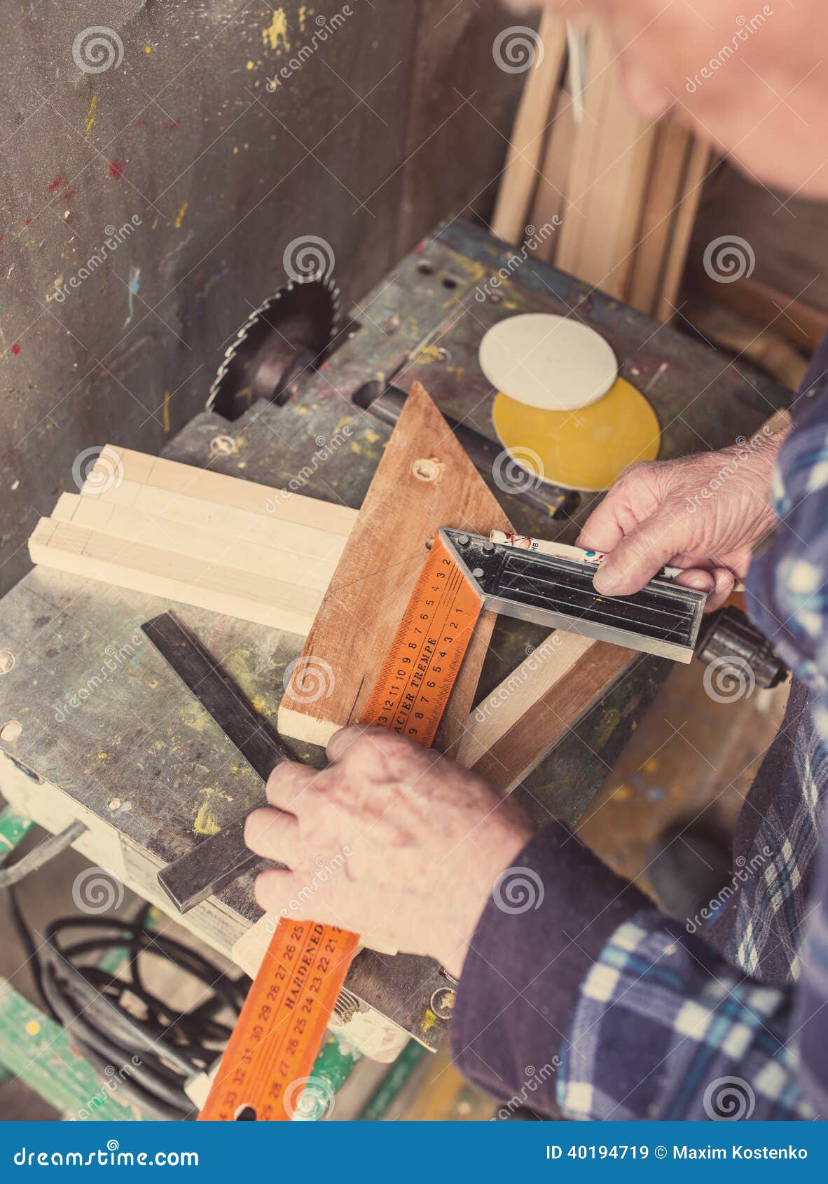 Old Carpenter Working with Wood Stock Image - Image of construction ...