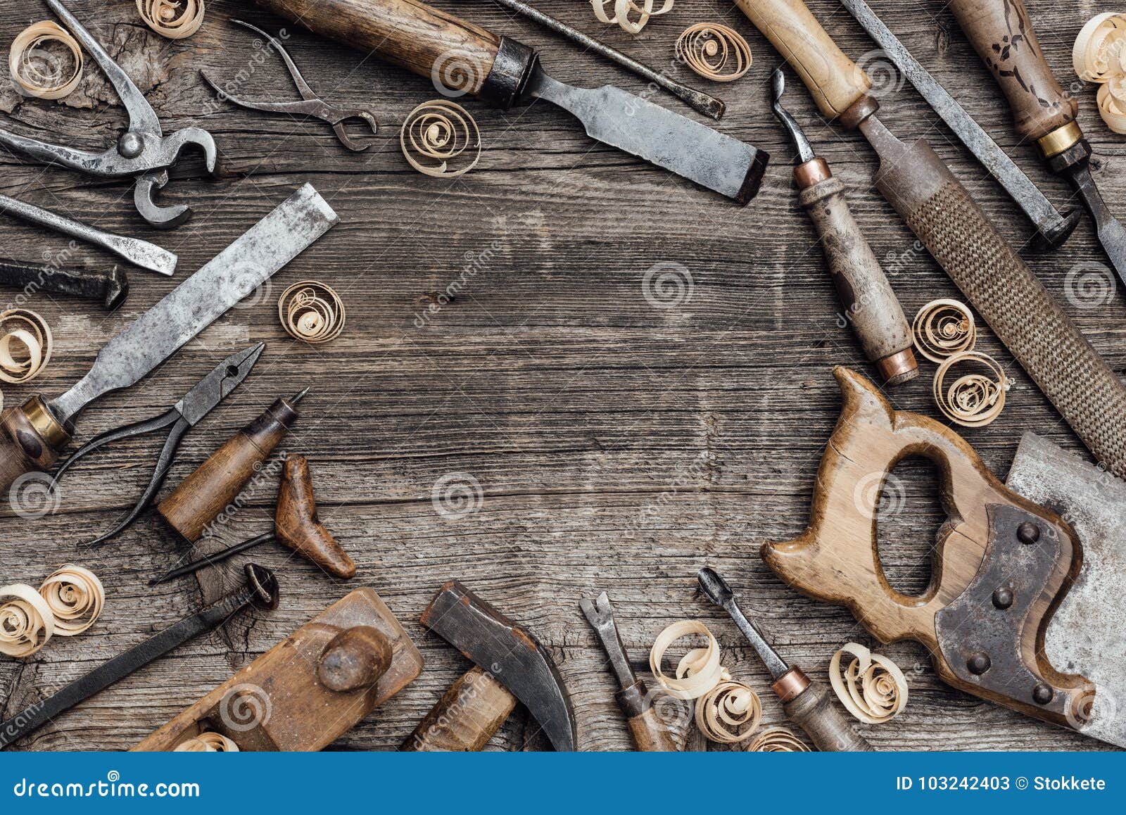 Old Carpentry Tools on the Workbench Stock Image - Image of hammer ...