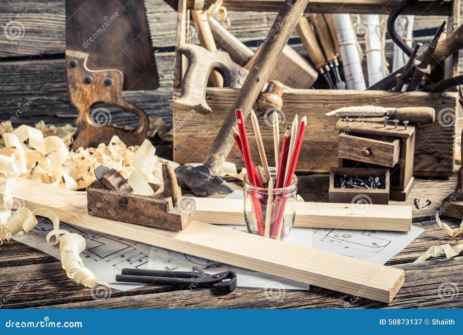 Old Carpentry Workbench and Drawing Workshop Stock Image - Image of ...