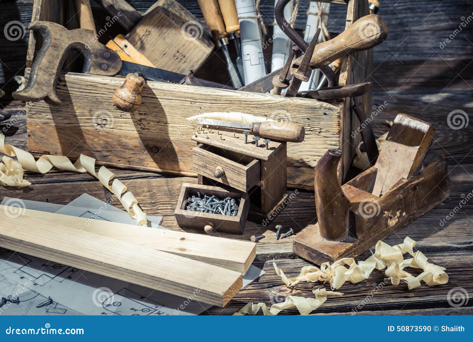 Old Carpentry Workshop with Toolbox Stock Photo - Image of drill, nail ...