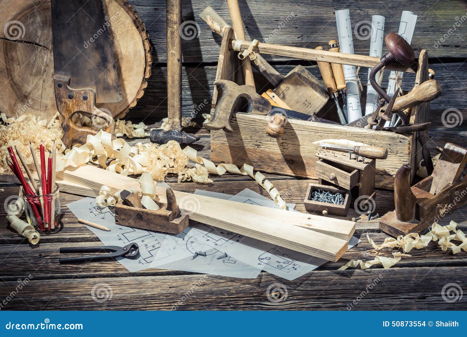 Old Carpentry Workshop with Tools Stock Photo - Image of vintage, retro ...