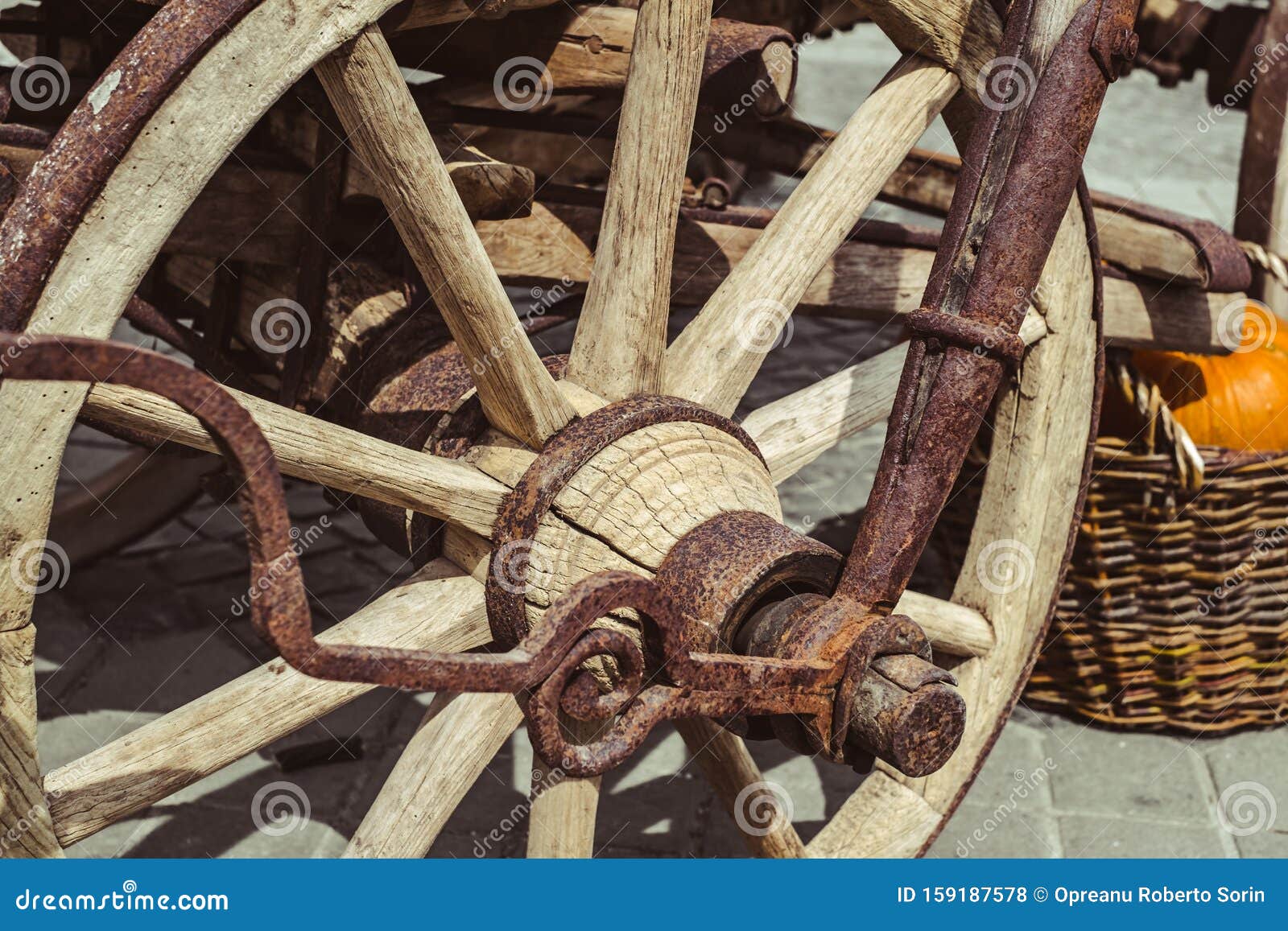 Old Carriage with Rusty Wheels and Pumpkins Stock Photo - Image of ...