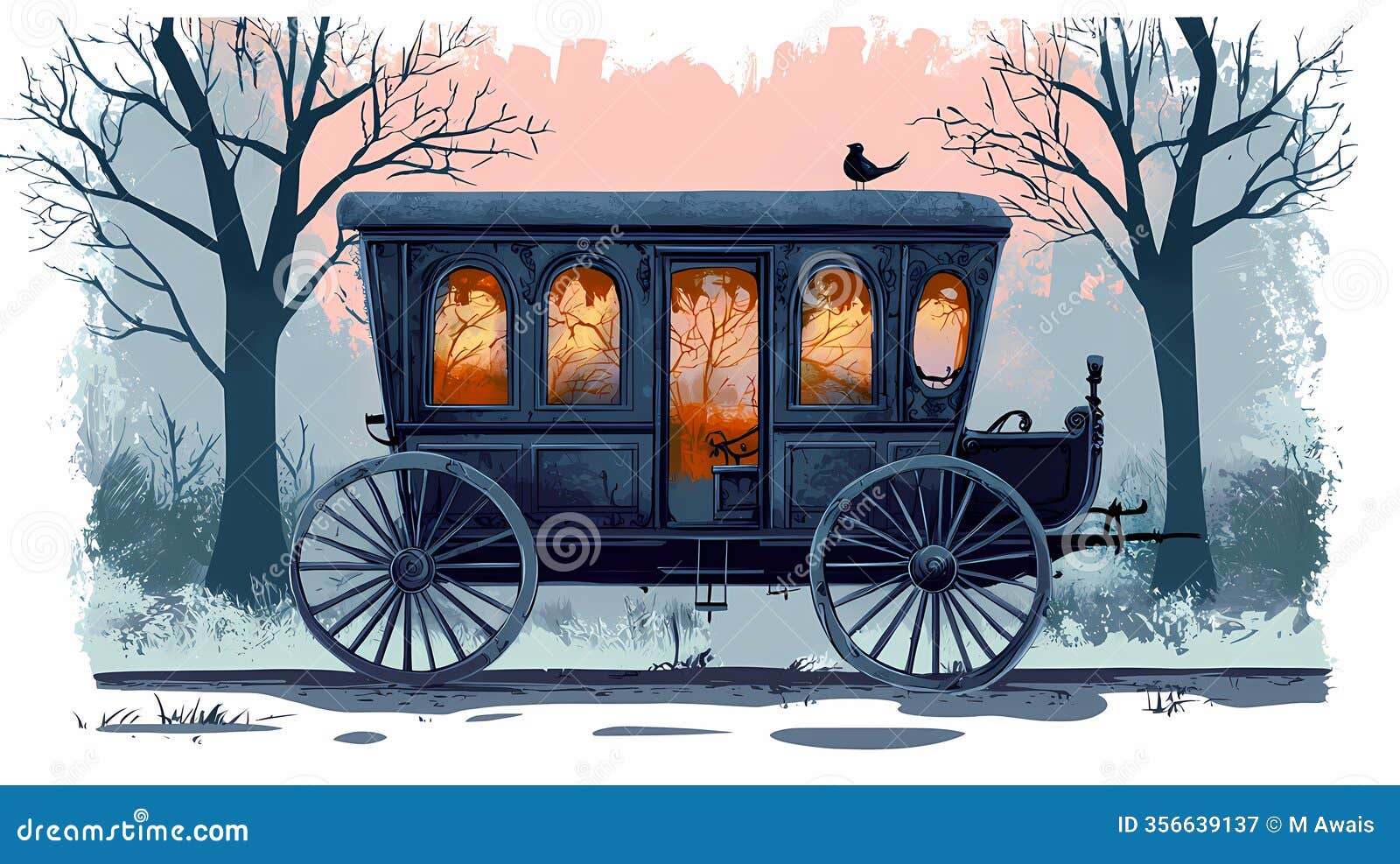 Antique Horse Drawn Carriage Winter Sunset Scene Illustration Art Old ...