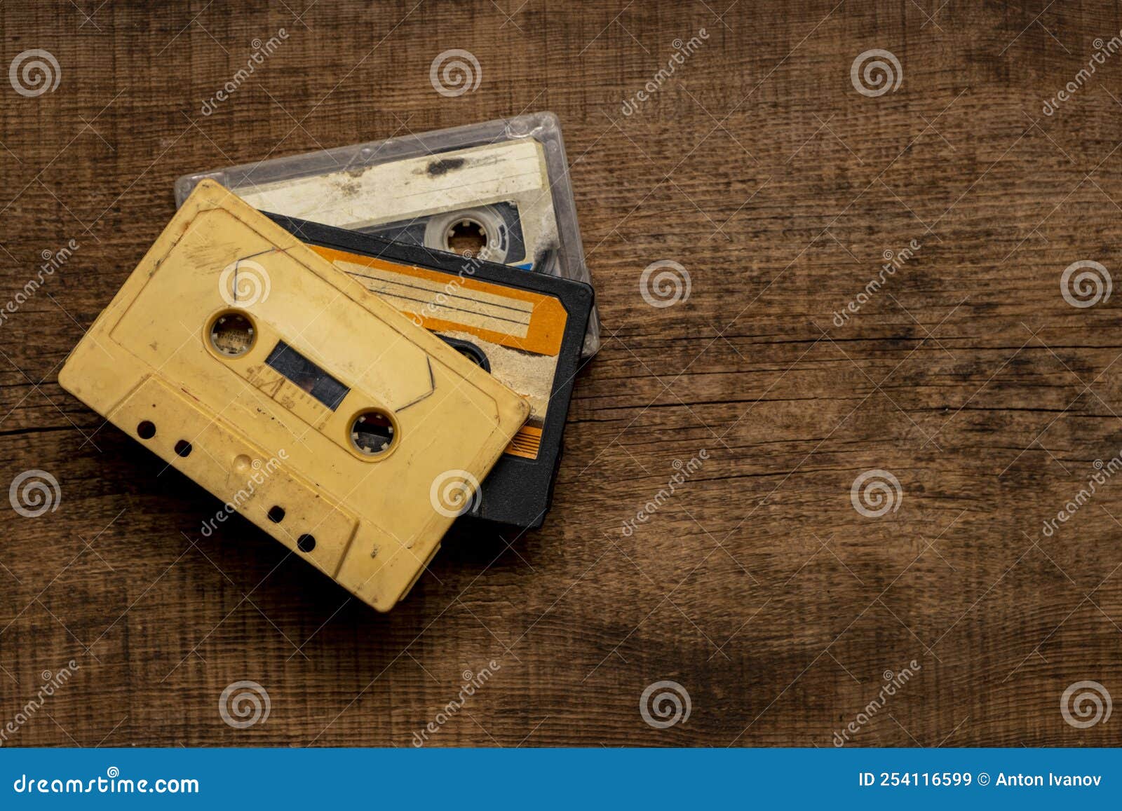 Old Cassette Tapes on a Wooden Table. Stock Image - Image of abstract ...