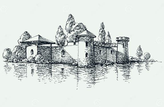 Old Castle Front View Artistic Hand Drawing Stock Vector - Illustration ...