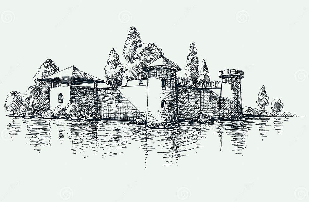 Old Castle Front View Artistic Hand Drawing Stock Vector - Illustration ...