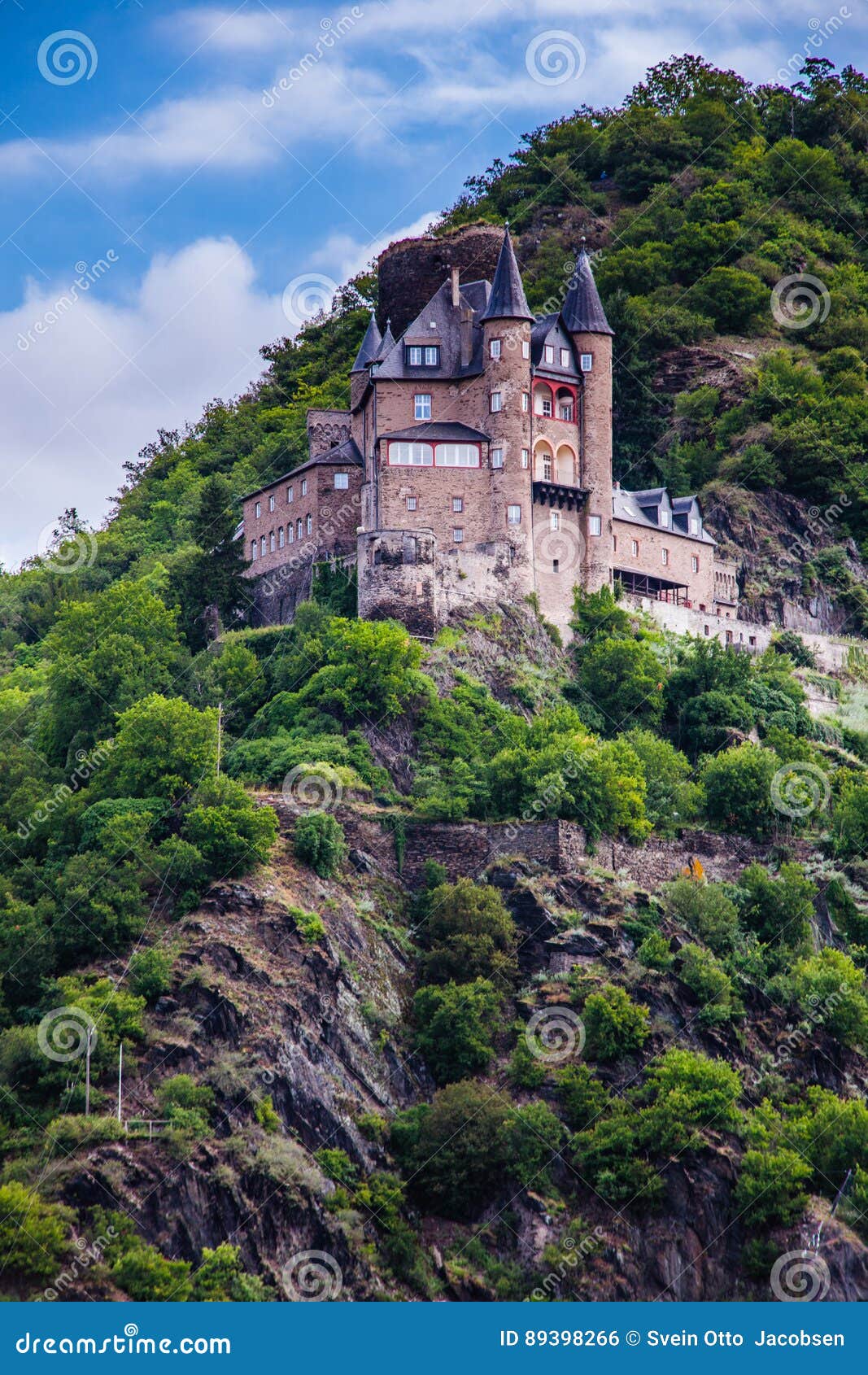 An Old Castle in the Hillside on the Rhine Stock Photo - Image of boat ...