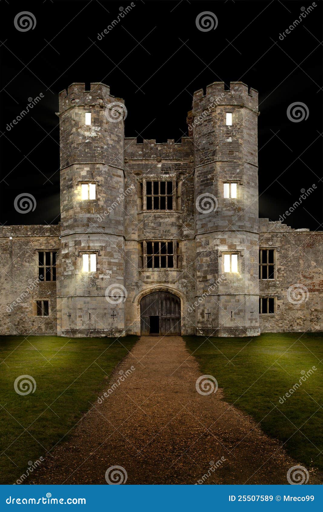Old Castle at Night with Lights Shining Stock Image - Image of ancient ...