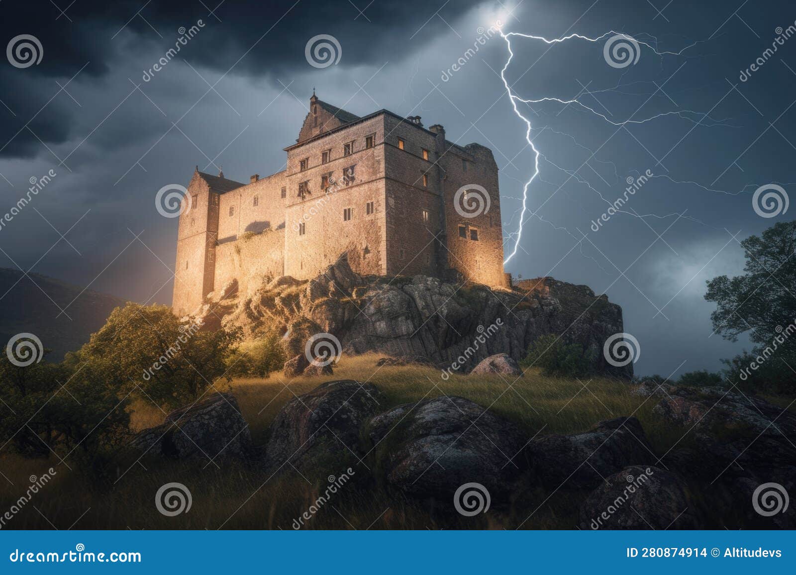 Old Castle, Surrounded by Mist and Stormy Sky, with Lightning Bolts ...