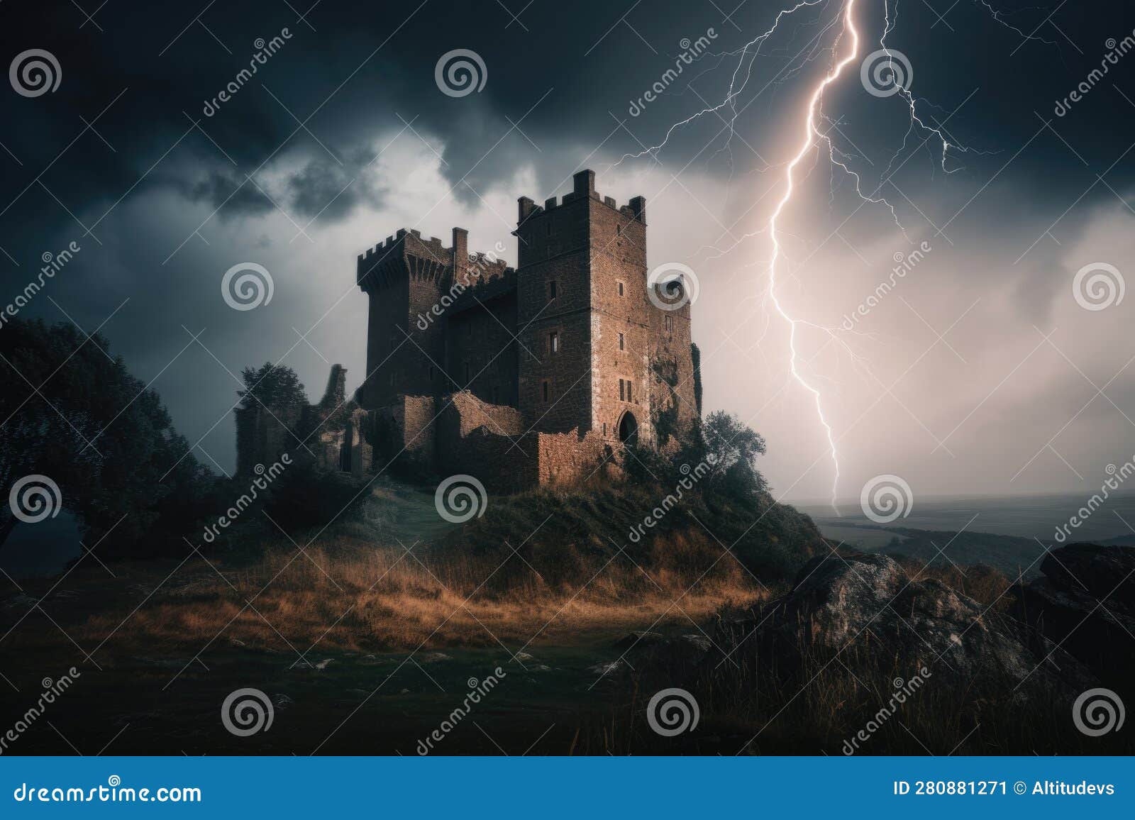 Old Castle, Surrounded by Mist and Stormy Sky, with Lightning Bolts ...