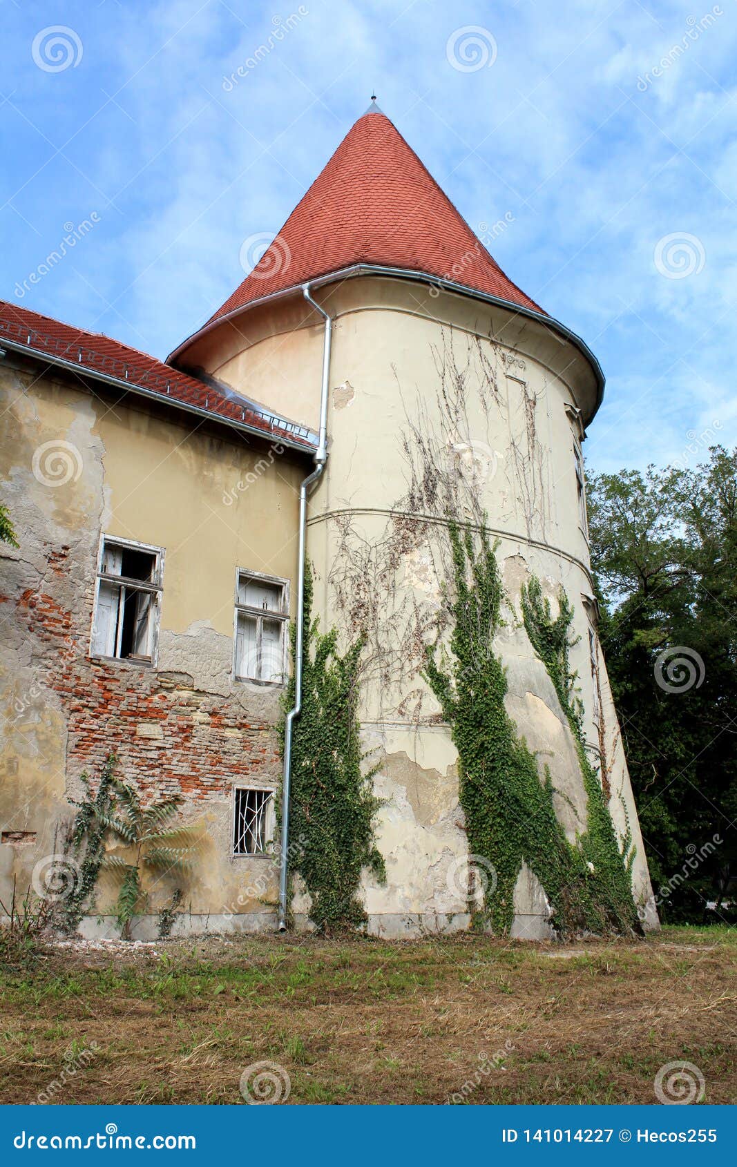 Old Castle Tower with Dilapidated Cracked Facade Partially Covered with ...