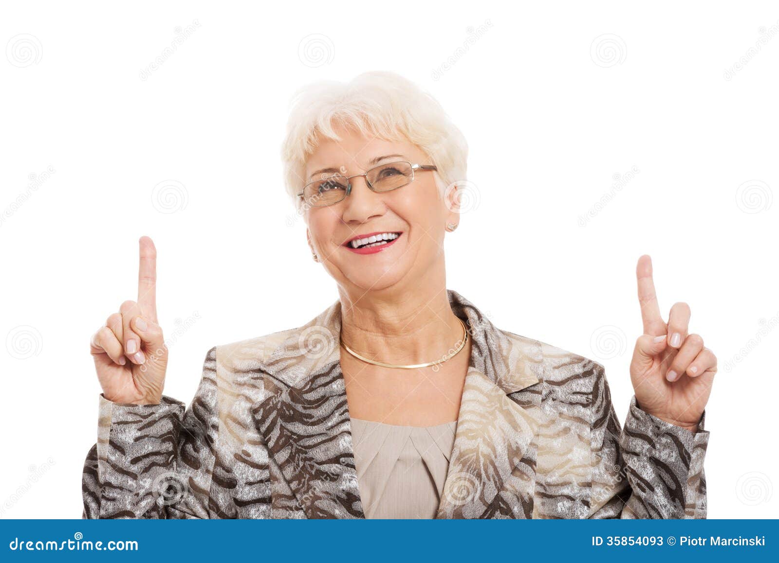 An Old Casual Lady Pointing Up on Copy Space. Stock Image - Image of ...