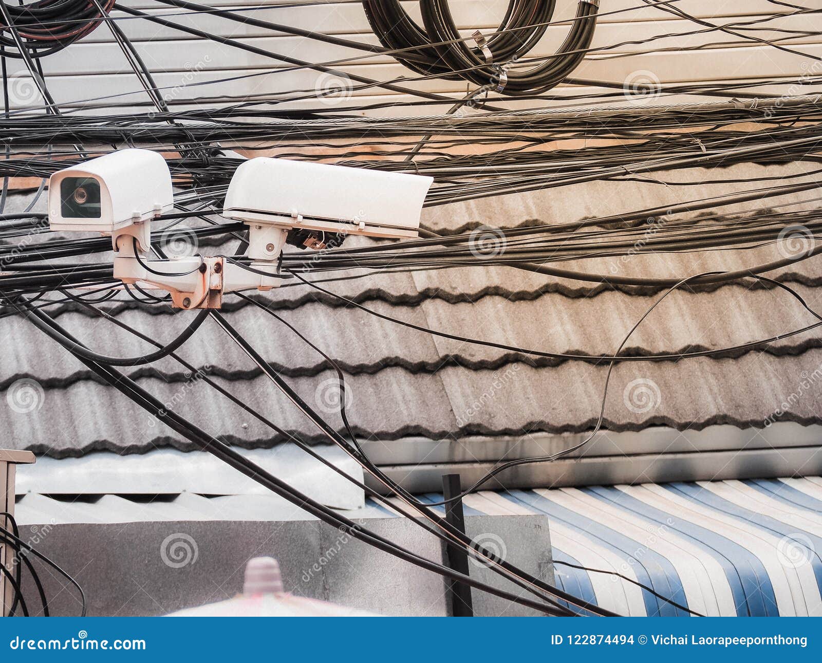 Old CCTV Camera Security Hanging on Chaos of Cables and Wire Stock ... Old CCTV Camera Security Hanging on Chaos of Cables and Wire Stock ...