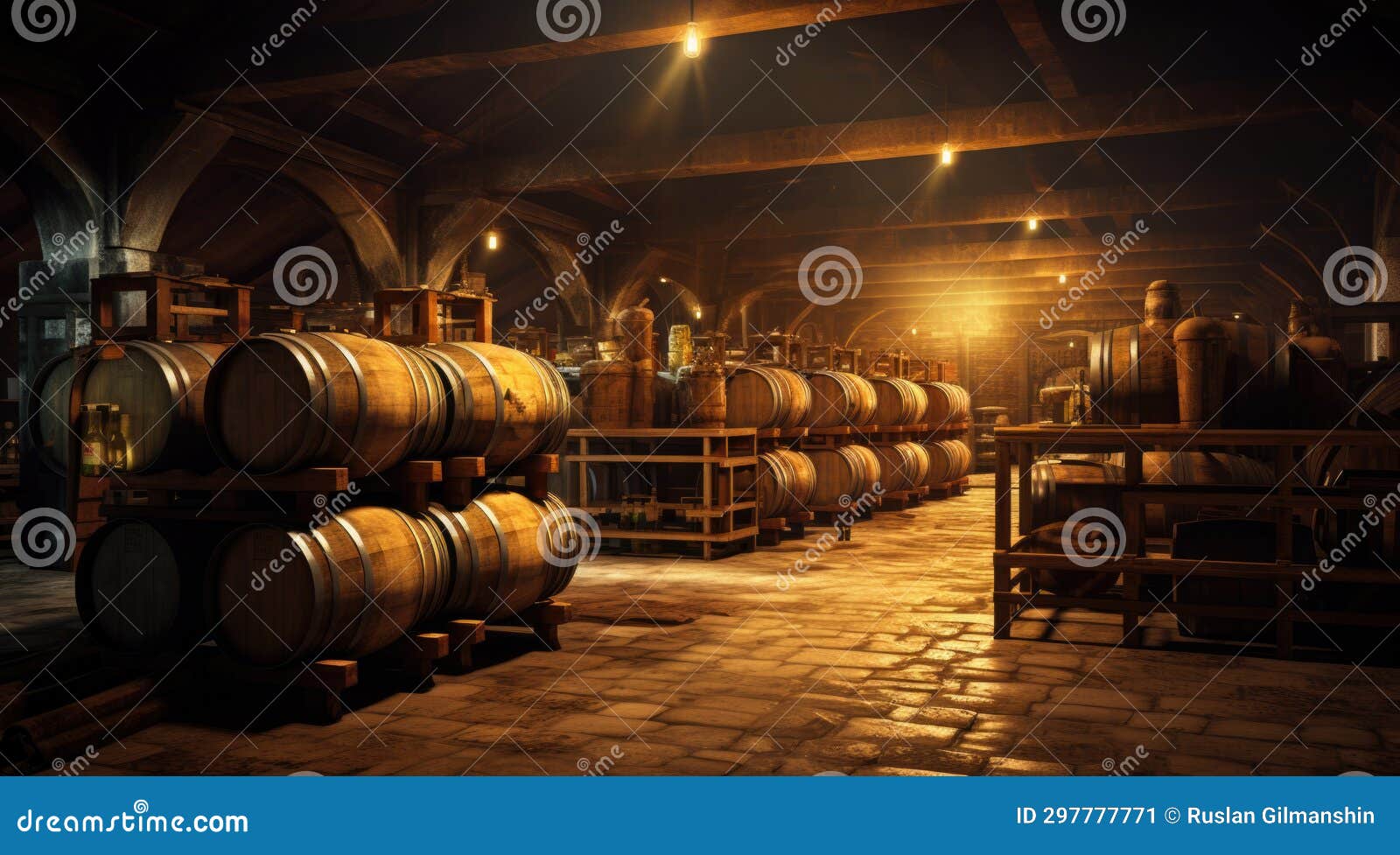Old Cellar with Bottles and Barrels Under Castle Making Wine Stock ...