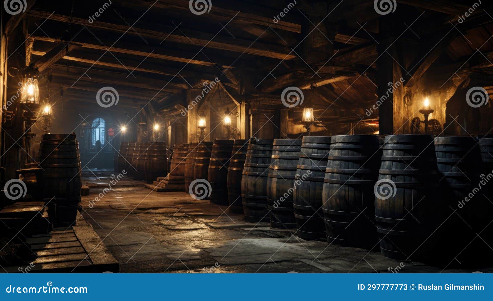 Old Cellar with Bottles and Barrels Under Castle Making Wine Stock ...