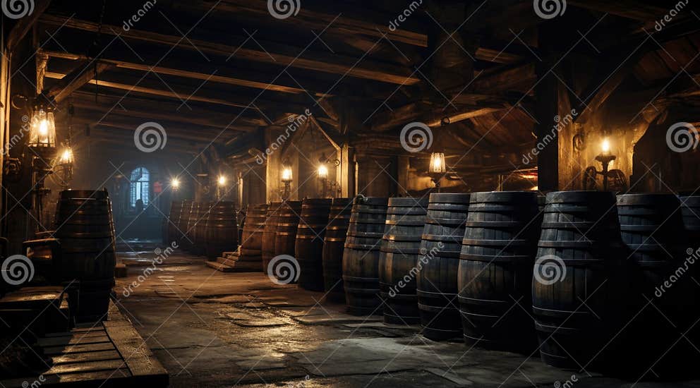 Old Cellar with Bottles and Barrels Under Castle Making Wine Stock ...