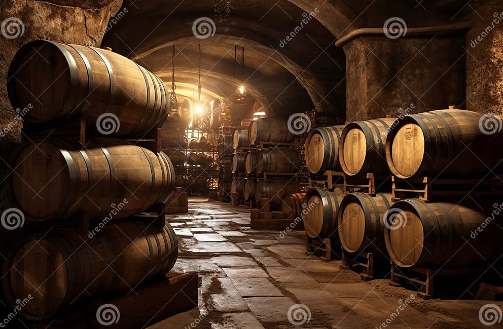 Old Cellar with Bottles and Barrels Under Castle Making Wine Stock ...