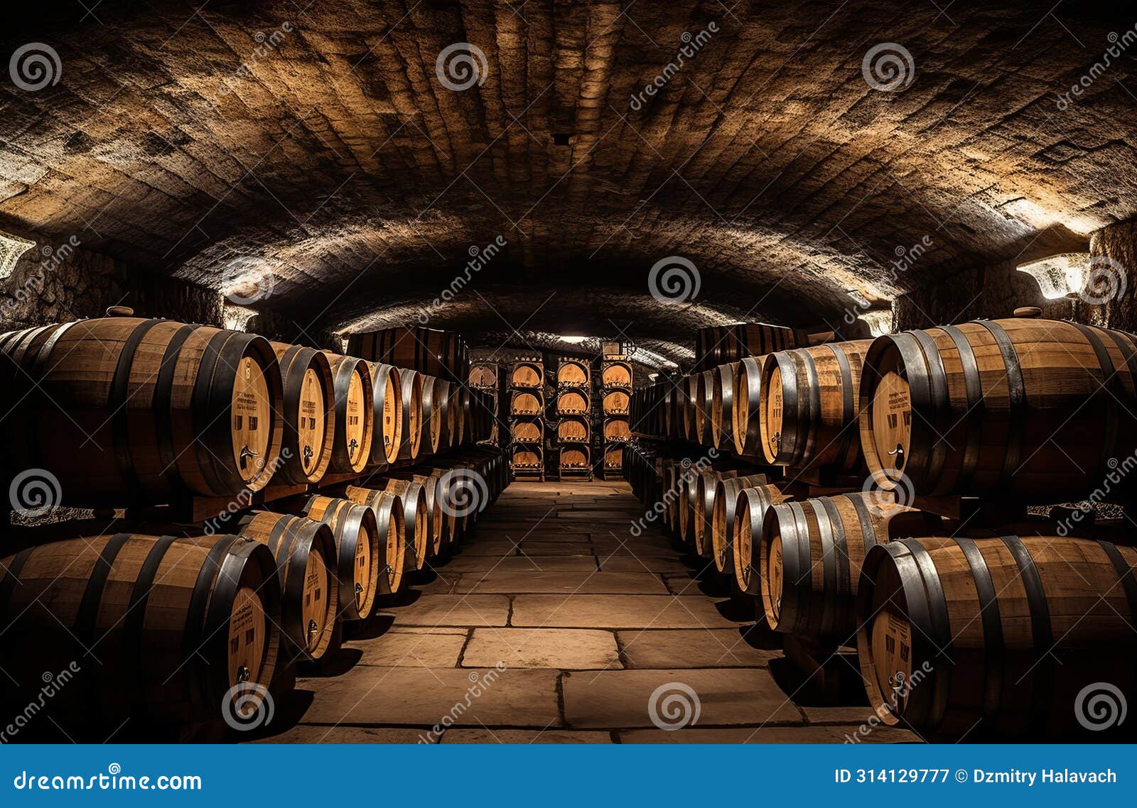 Old Cellar with Bottles and Barrels Under Castle Making Wine Stock ...